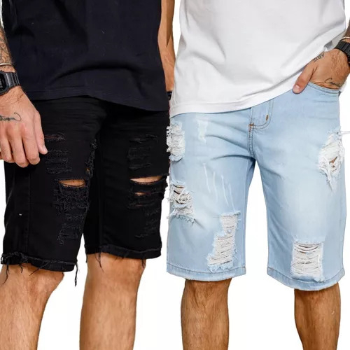 Bermuda Jeans masculina/ jeans preto rasgado | Shopee Brasil