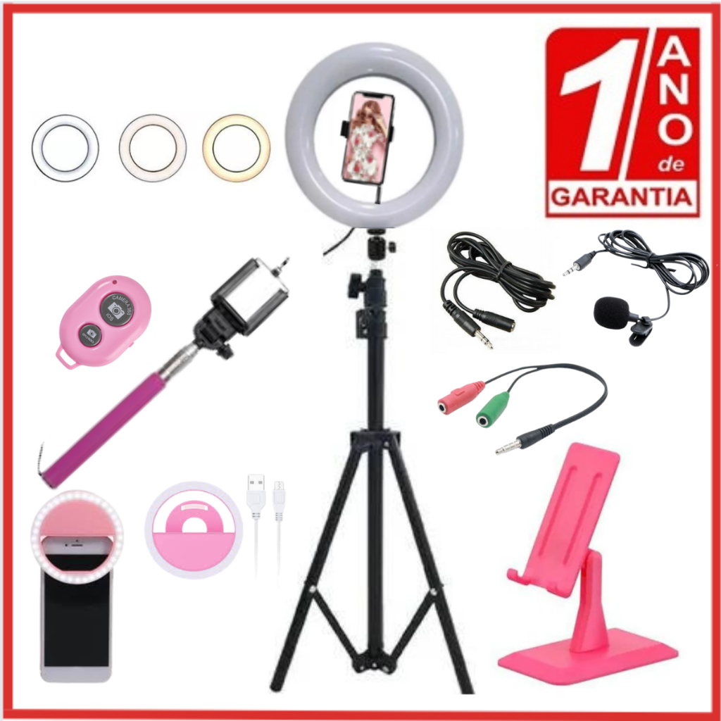 Kit Youtuber Podcast Tiktok Profissional Ring Light Bastão De Selfie Mini Ring Light Suporte de ...