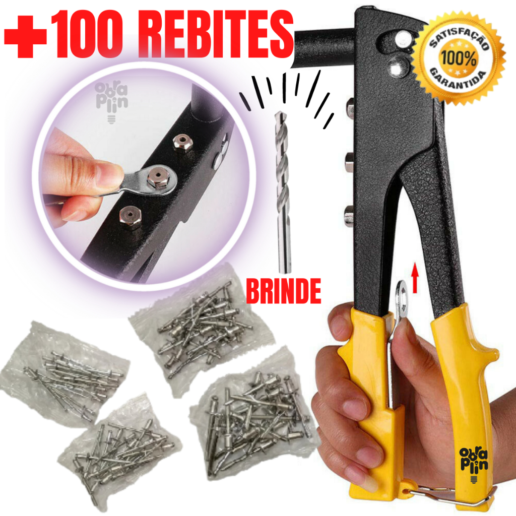 Rebitadeira Profissional Alicate Rebitador Manual + 100 Rebites + Broca ...