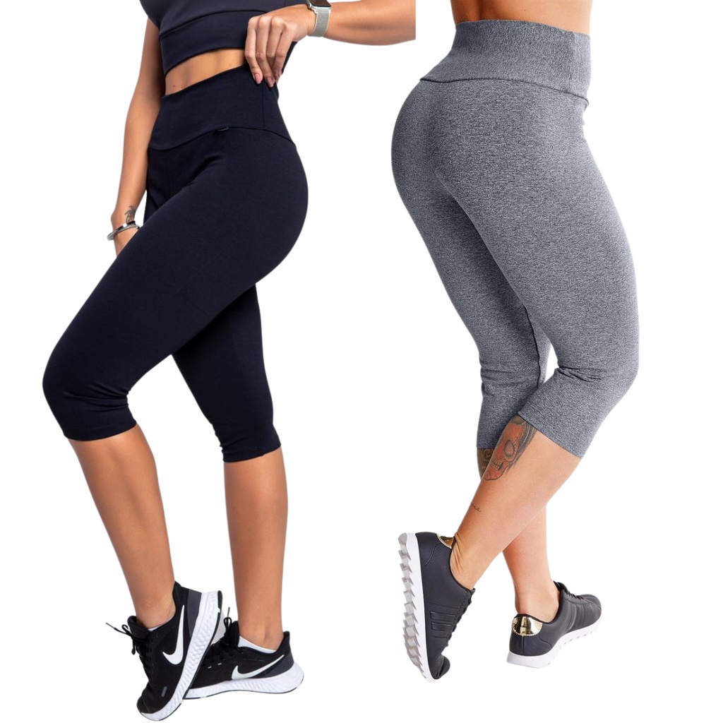 Kit 2 Calça Legging Corsário Lisa Suplex Cintura Alta Feminina Fitness