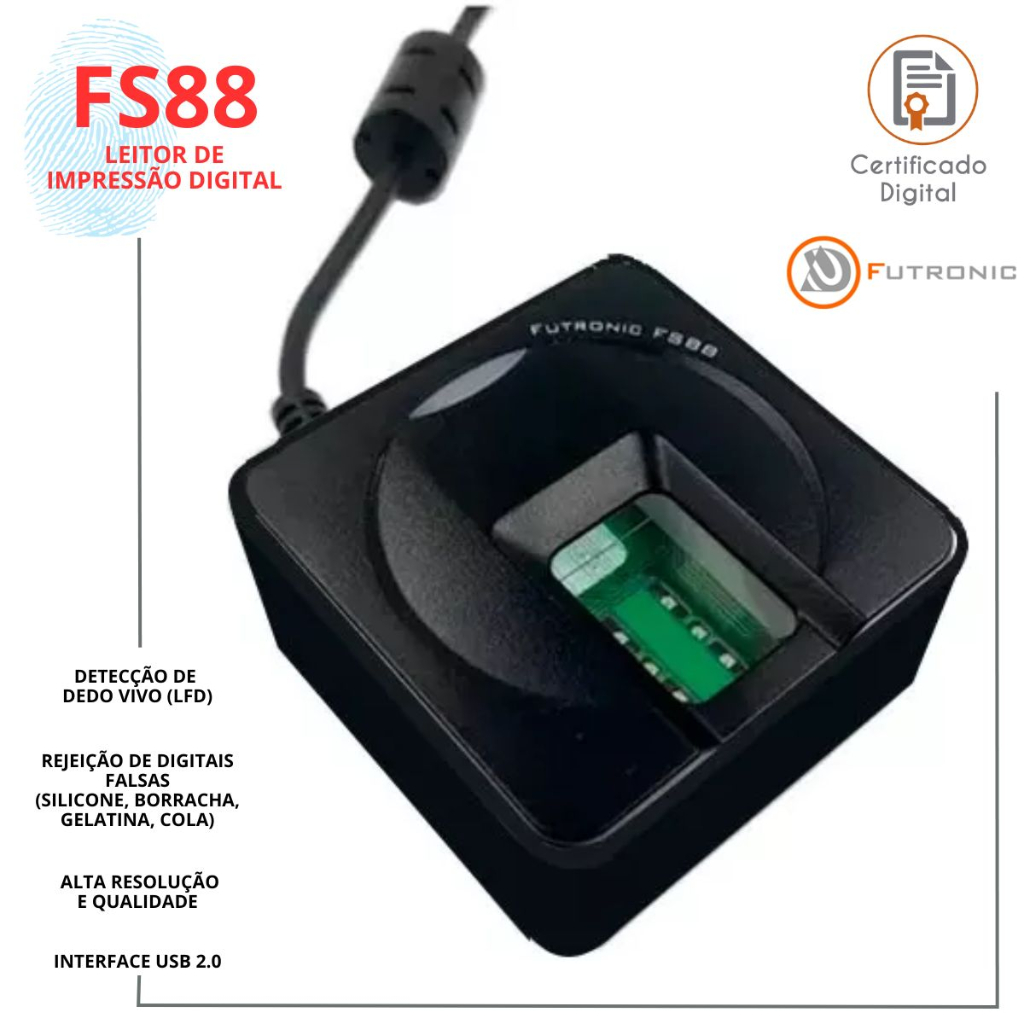 Leitor Biométrico Impressões digitais Scanner Digital Futronic USB Dedo ...
