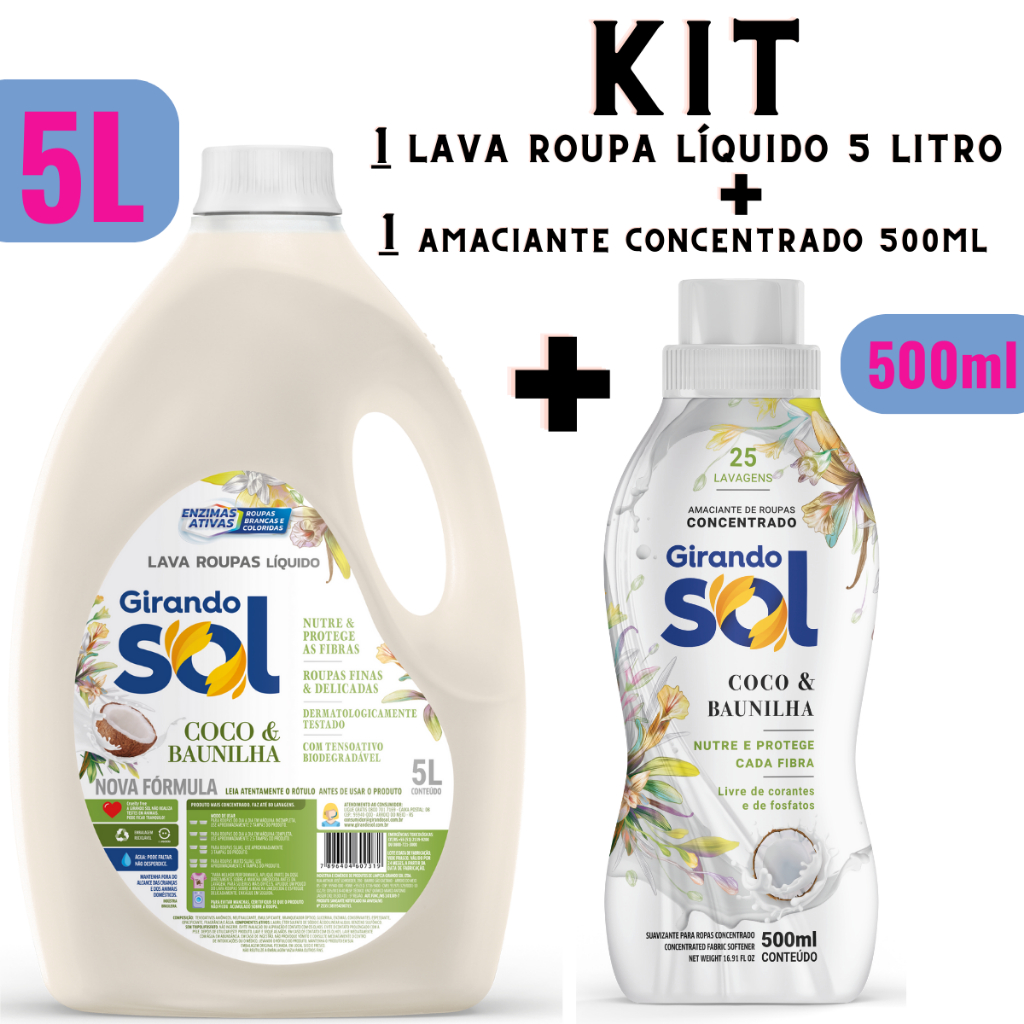 Kit Lava Roupa Líquido Girando Sol 5 Litros Amaciante Concentrado ...