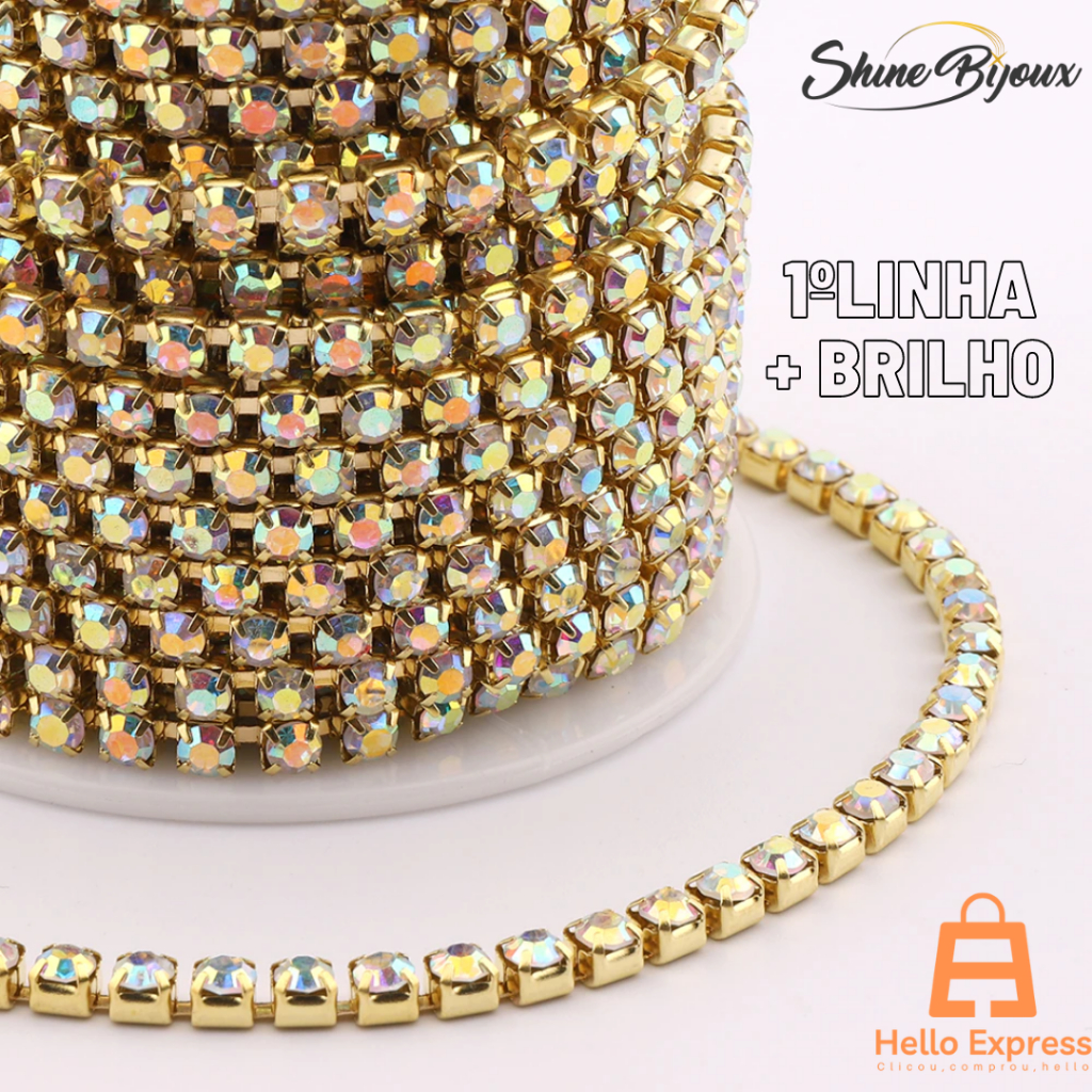 Strass em metro SS16 (4MM) Corrente de Strass Com banho Rolo com 50mts ...