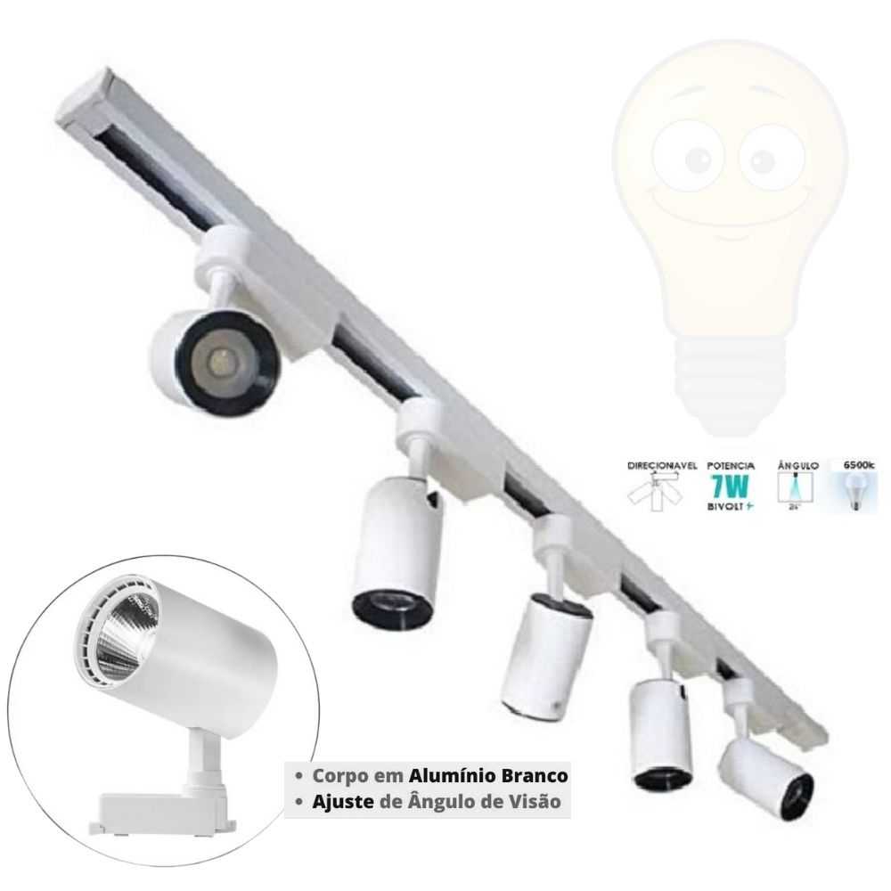 Luminária Trilho de Luz de Teto Eletrificado Branco com 5 Lâmpada Spot ...
