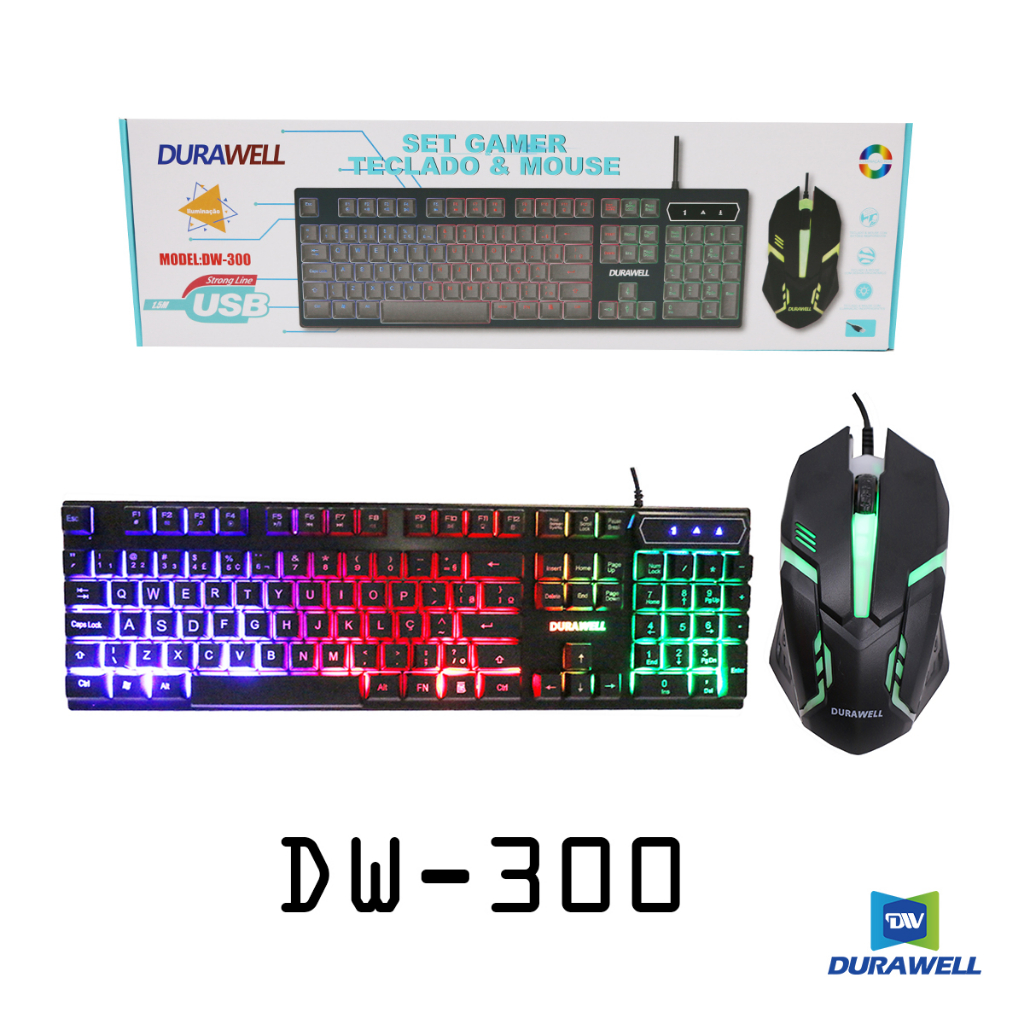 Kit teclado e mouse gamer iluminado Durawell DW-300 Português Brasil | Shopee Brasil