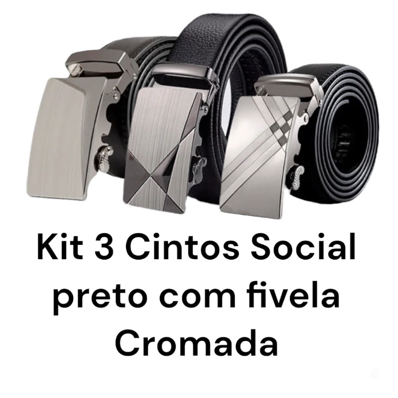 Kit 3 cintos social preto com fivela cromada | Shopee Brasil