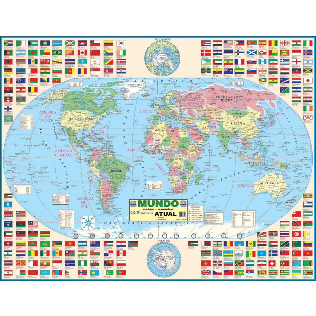 Mapa Mundi Politico Planisfério Escolar Poster Geográfico Papel Dobrado ...