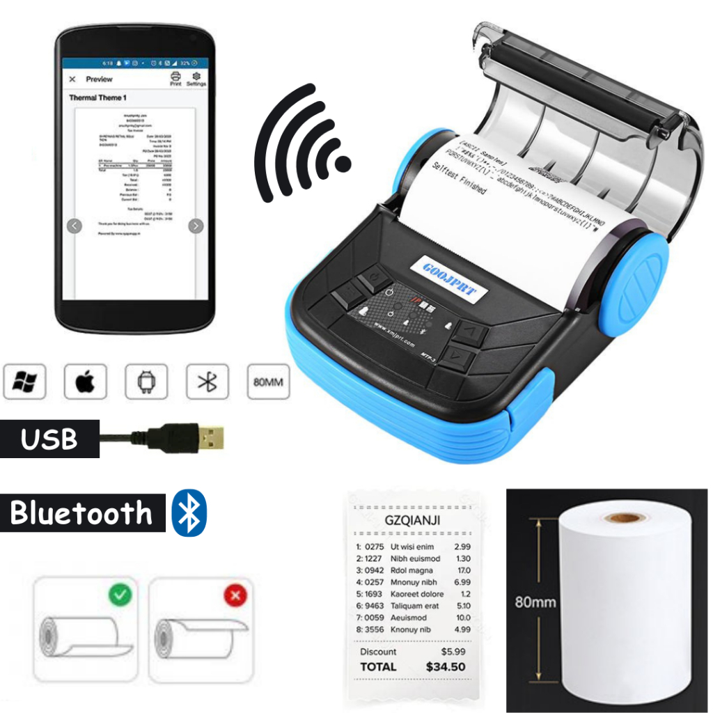 Mini Impressora Portátil Bluetooth Térmica 80mm Windows Android iOS ...