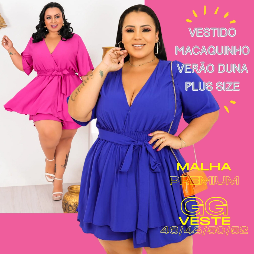 Vestido Macaquinho Plus Size Macaquito Short Saia Grande Duna Verao 48 50 52 G2 G3 | Shopee Brasil