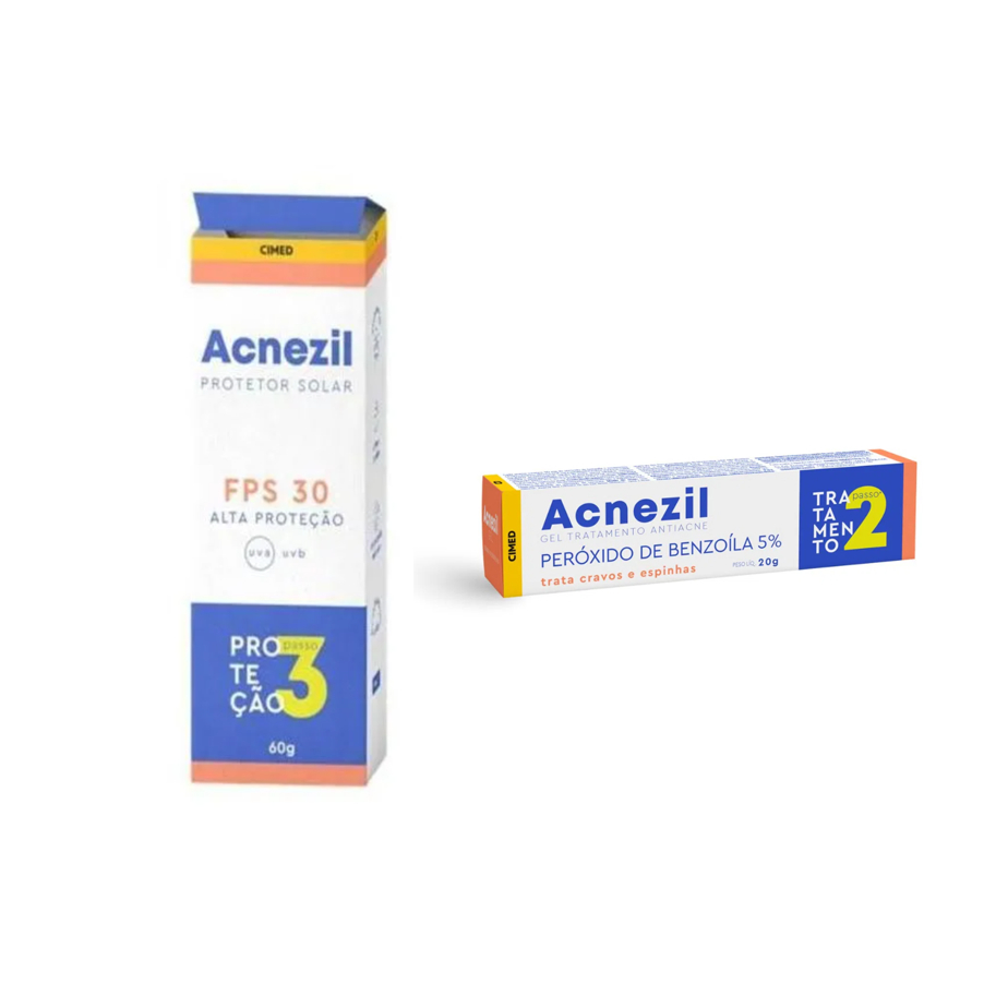 Kit Acnezil Cuidados com a pele 1 Protetor Solar FPS 30 e 1 Acnezil Gel ...