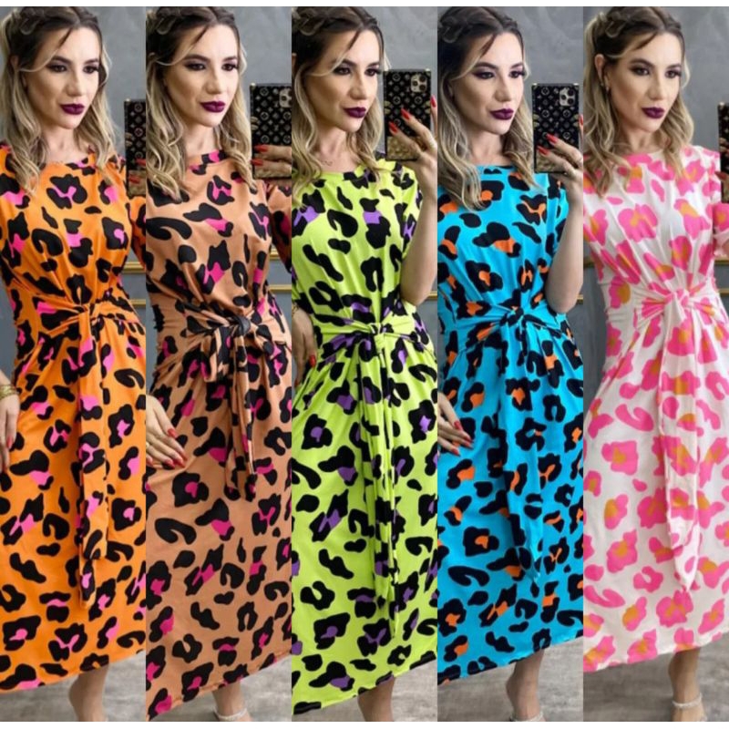 vestido midi longo onça animal print colorido multiformas de amarrar ...