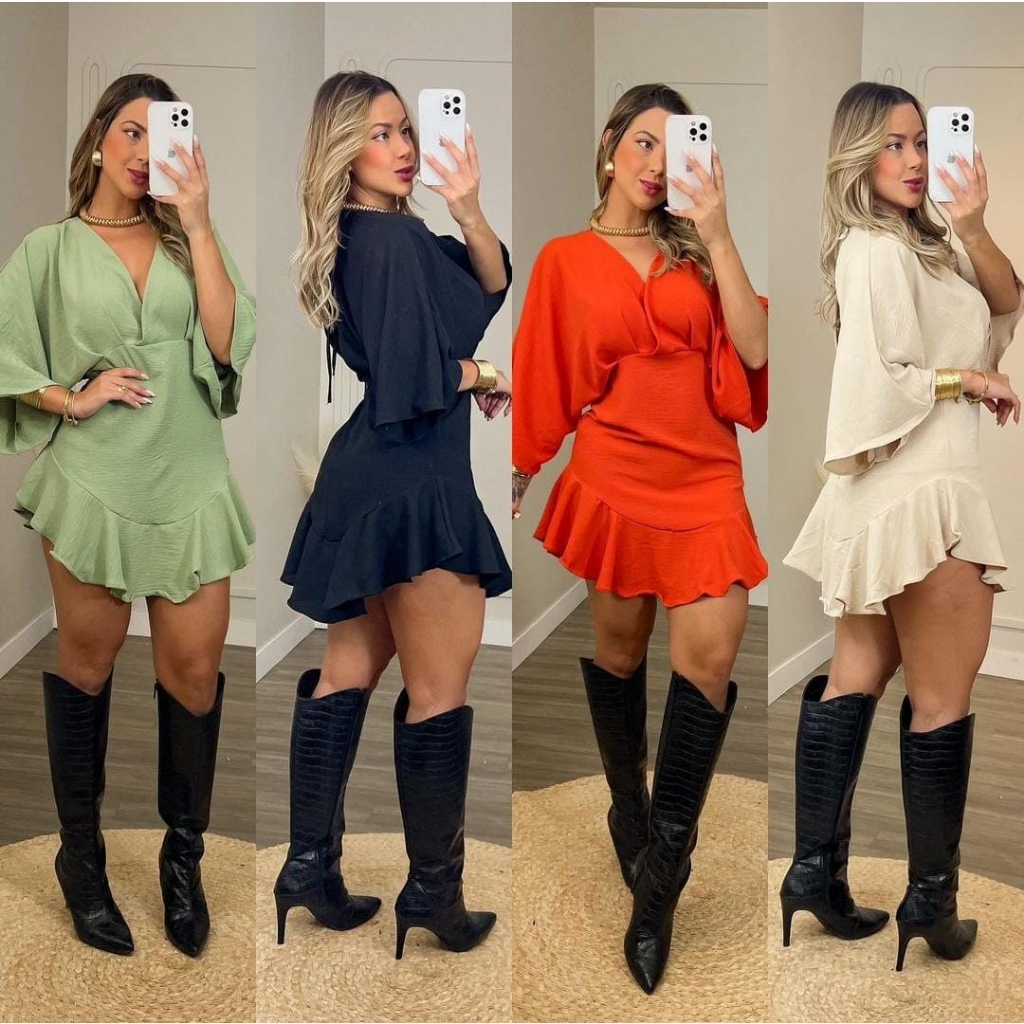 Vestido Grazy Babado manga flare 3/4 amarração com zíper invisível ...