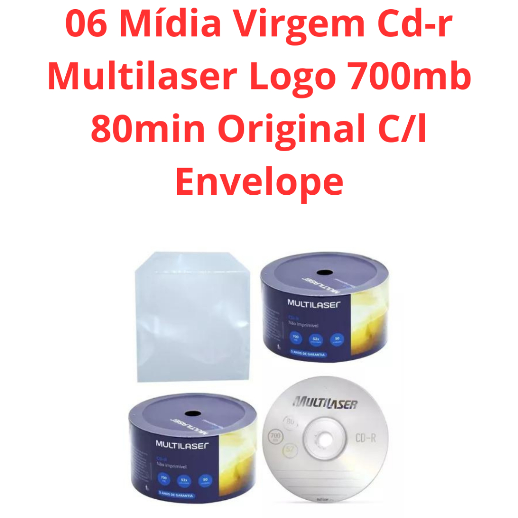 6 Mídia Virgem Cd-r Multilaser Logo 700mb 80min Original C/l Envelope ...
