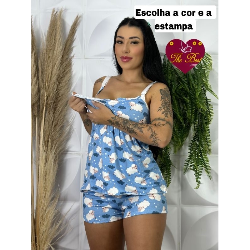 Baby Doll Amamentação Gestante Confortável Click Abertura segura short ...