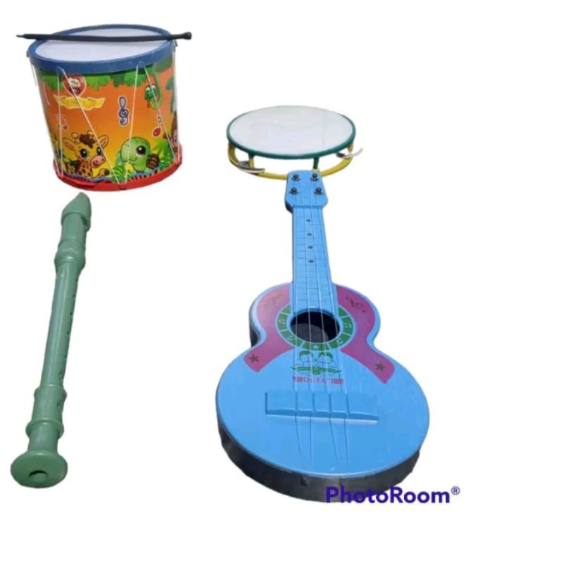 KIT 4 BRINQUEDOS KIT MUSICAL FLAUTA,TAMBOR GRANDE,PANDEIRO VIOLÃO INFANTIL | Shopee Brasil