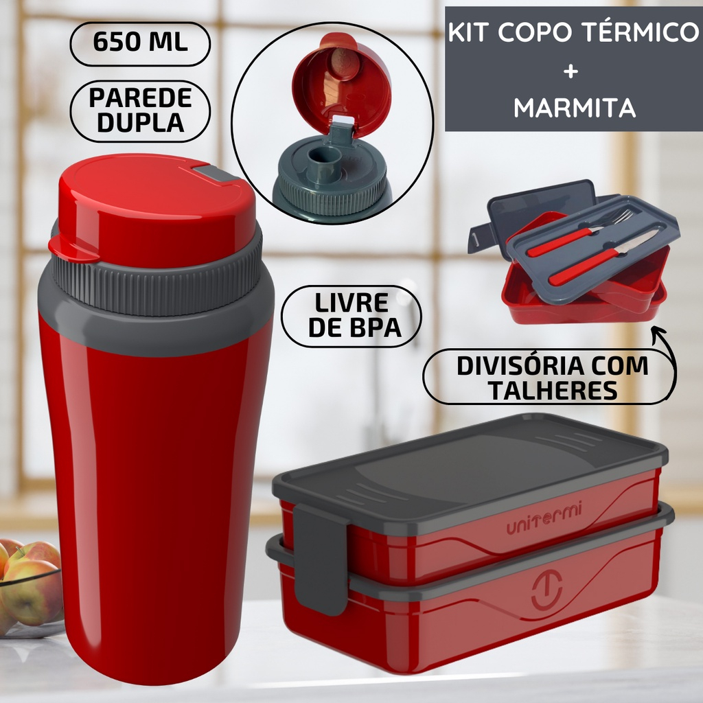 Kit Marmita com Talheres Inox Fit com Copo Termico 650ML Unitermi Agua ...