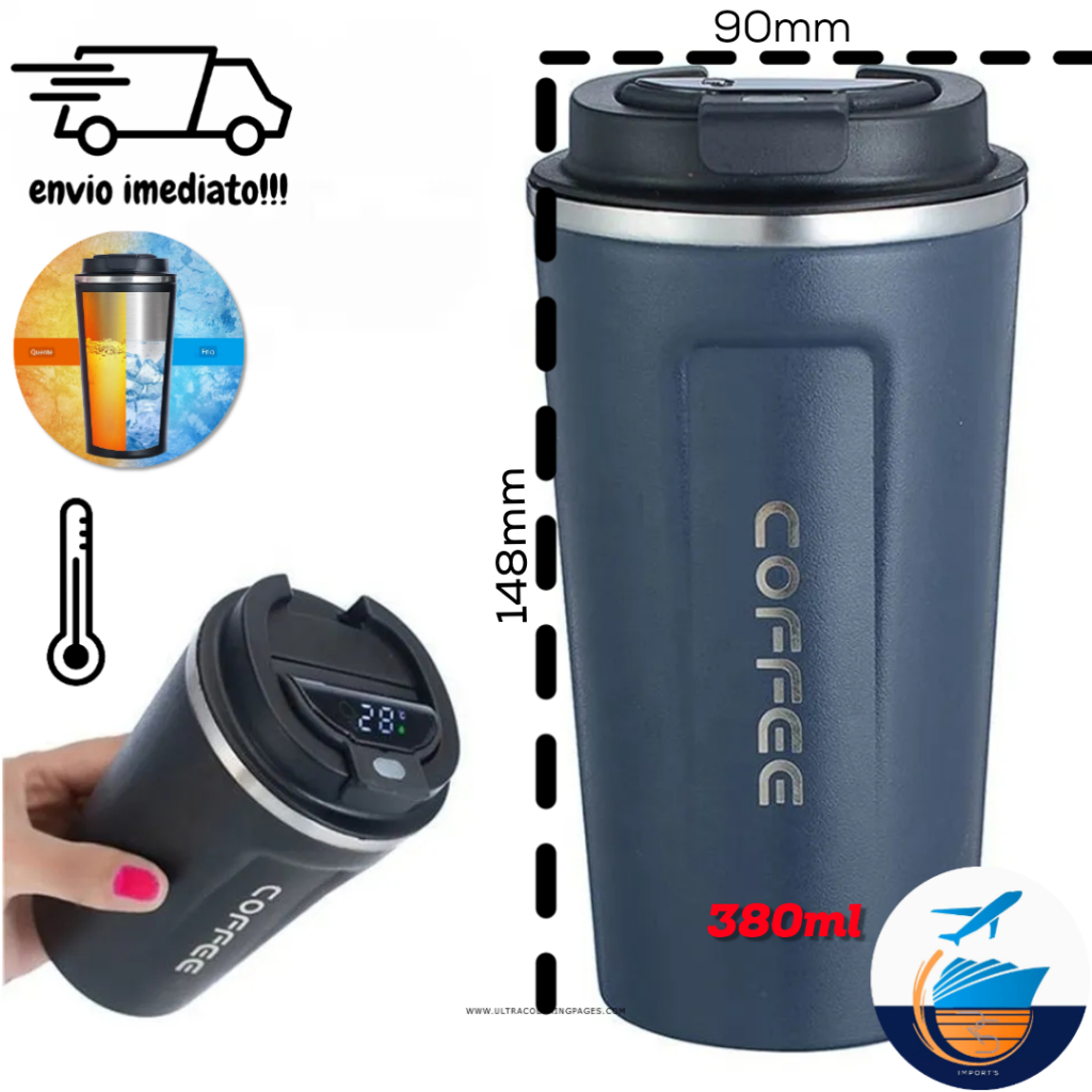 Copo/Garrafa Térmico com termômetro Quente Gelado Aço Inox Dupla Camada ...