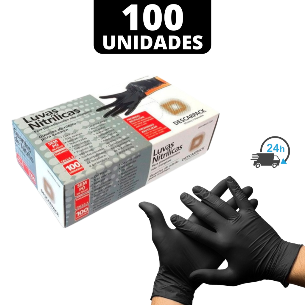 Luva Nitrilica Preta Descartável Procedimento Sem Pó C/100 Unidades Anvisa Nitrílo Caixa com 100 ...