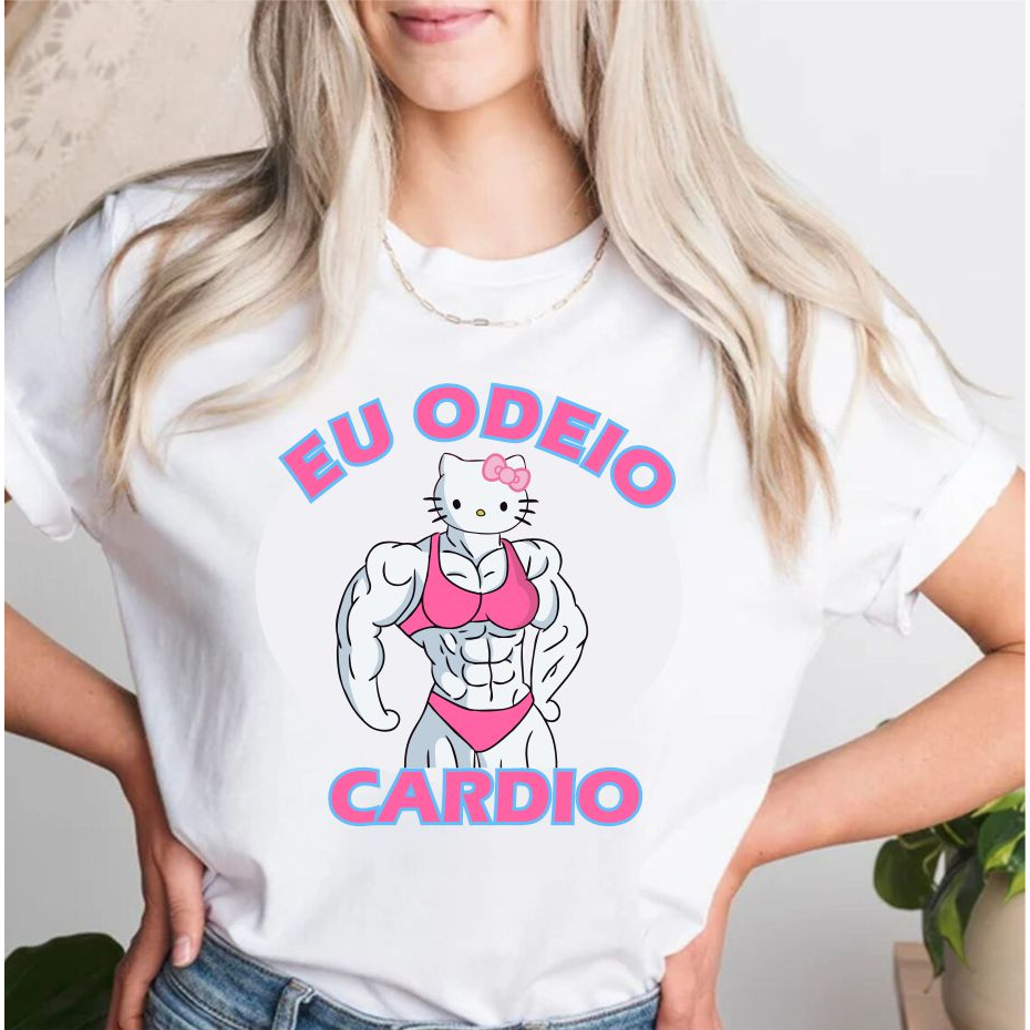 Camiseta Eu Treino Fofo Unissex Hello Kitty Eu odeio Cardio Maromba ...