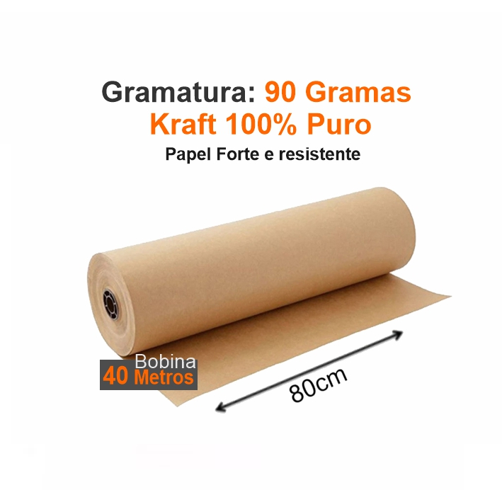 Papel Kraft Natural Pardo 90g/m2 X 80cm Bobina Com 40 Metros | Shopee Brasil