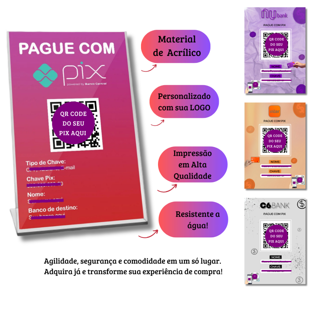 Placa Bancos Pix Cobrança QR Code Pagamento Personalizada de Balcão ...