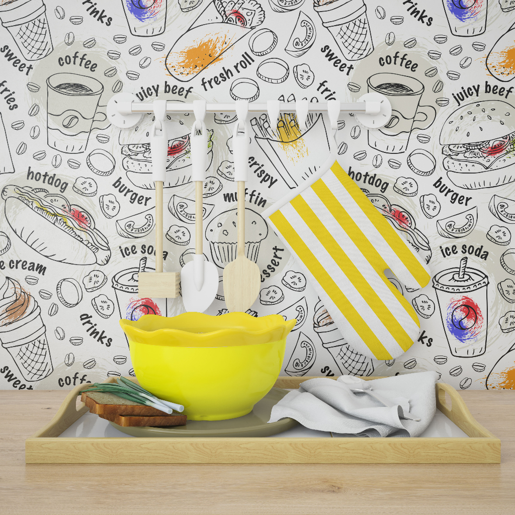 Papel de Parede Temático Comércio Lanchonete Desenho Preto e Branco com ...