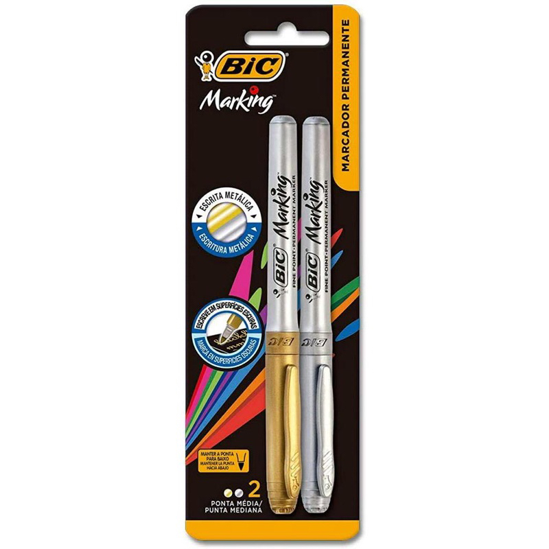Kit Com 2 Marcadores Permanente Bic Marking Metálicas Dourada e Prata ...