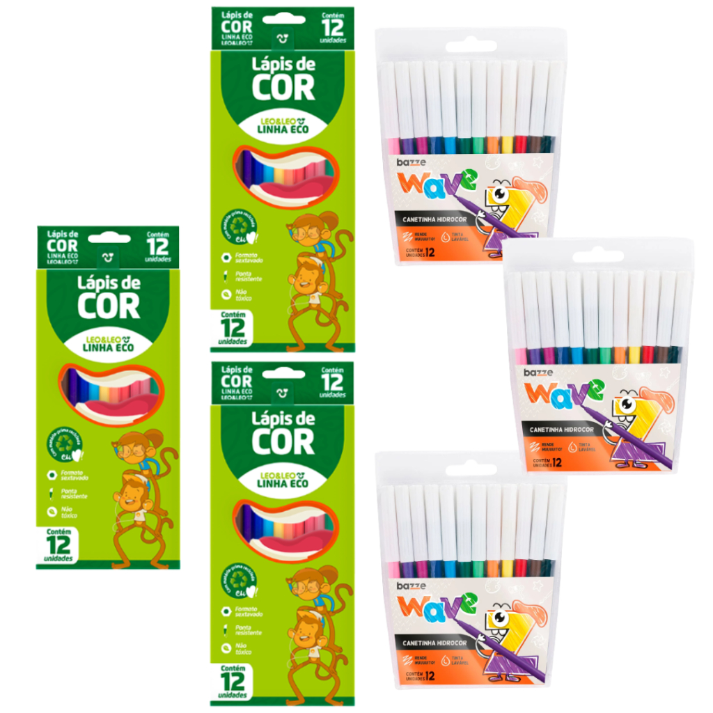 Kit Material escolar com 3 caixas de lapis de cor para colorir e 3 ...