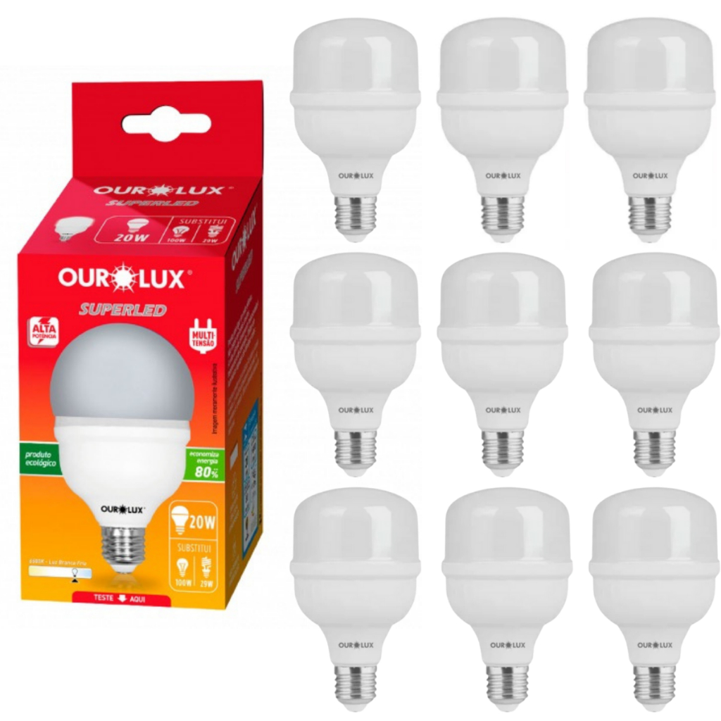 Kit 10 Lâmpadas Led Bulbo 20w Ourolux Branco Frio 6500k Alta Potência Bivolt Econômica | Shopee ...