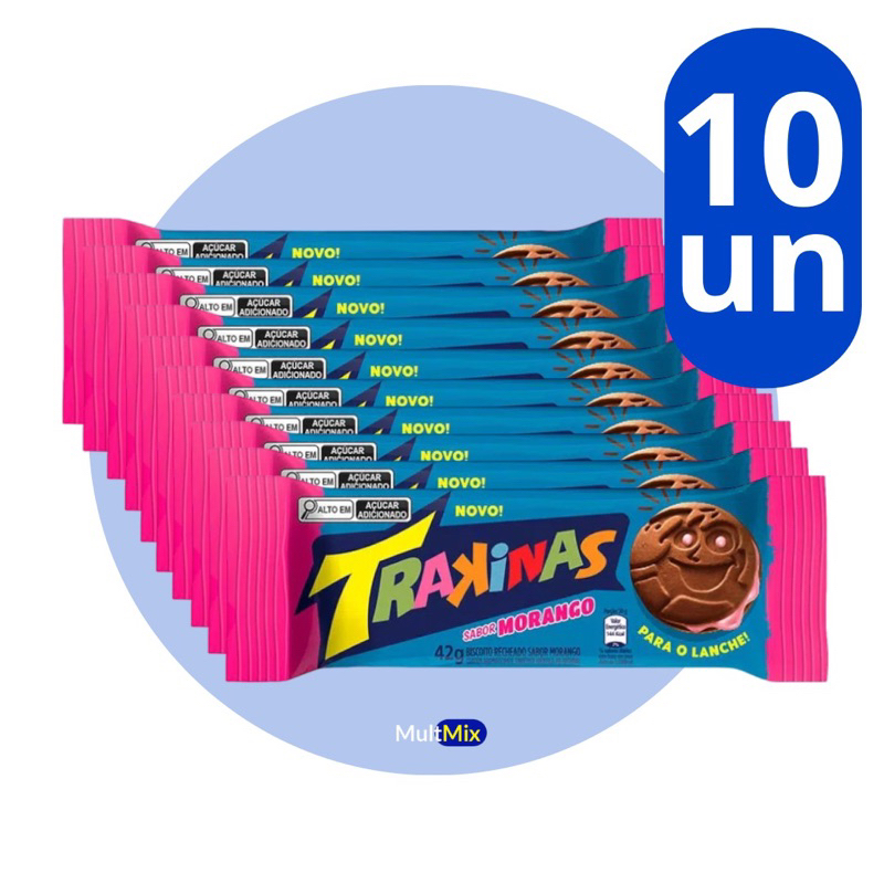 Kit 10 Biscoitos Recheados Trakinas 42g - Morango | Shopee Brasil