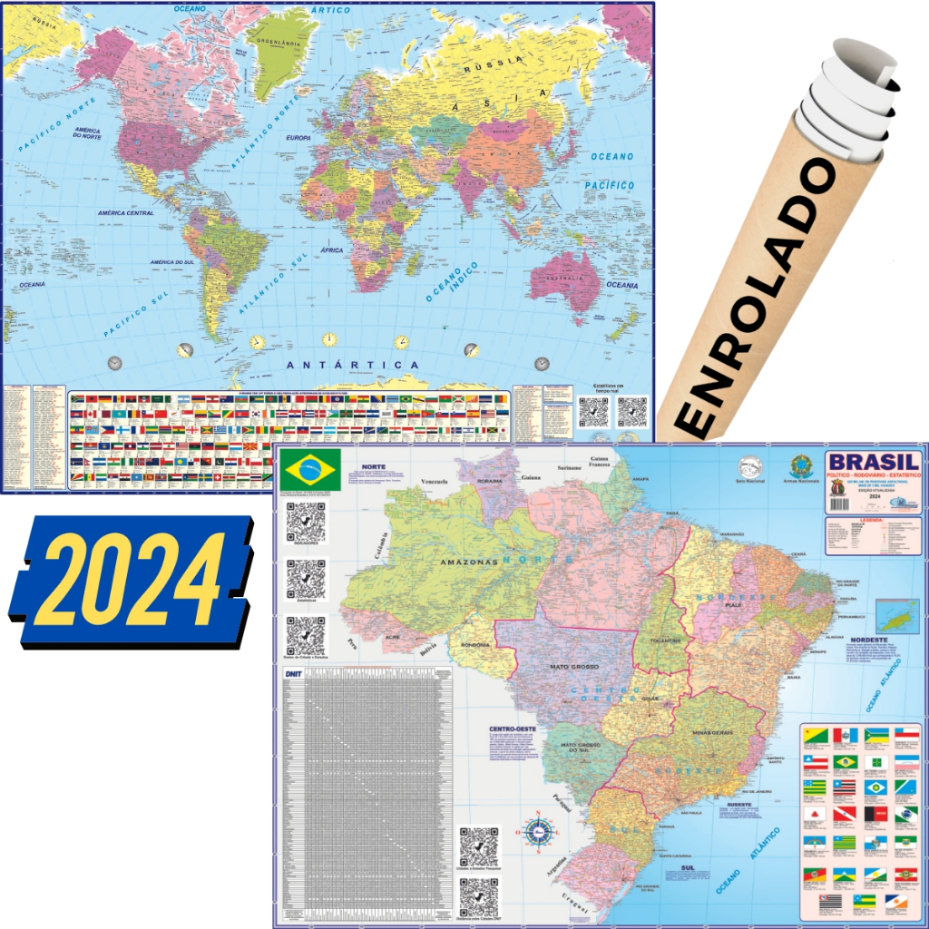 Kit 2 Mapas: Mundi e Brasil Escolar Politico Enrolado Poster Atual ...