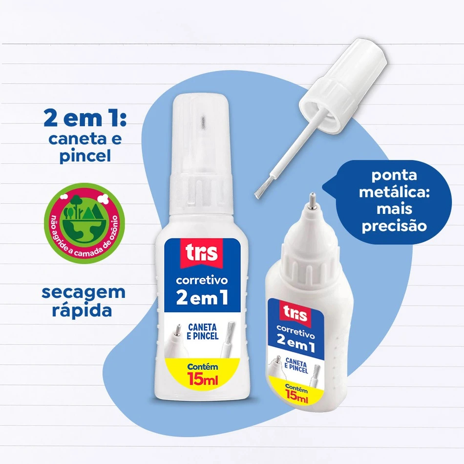 Corretivo Líquido 2 em 1 Caneta e Pincel 15ml - Tris | Shopee Brasil