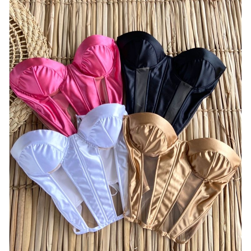 Cropped Corset Top Corselet Telinha Feminino Tela Arrastão Renda Com ...