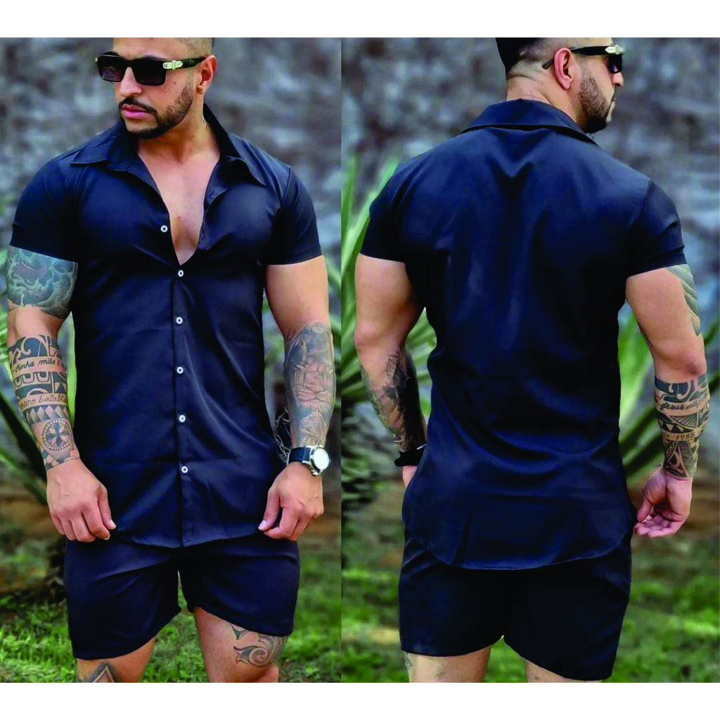 Conjunto praia Liso Masculino tactel com elastano nas cores preto ...