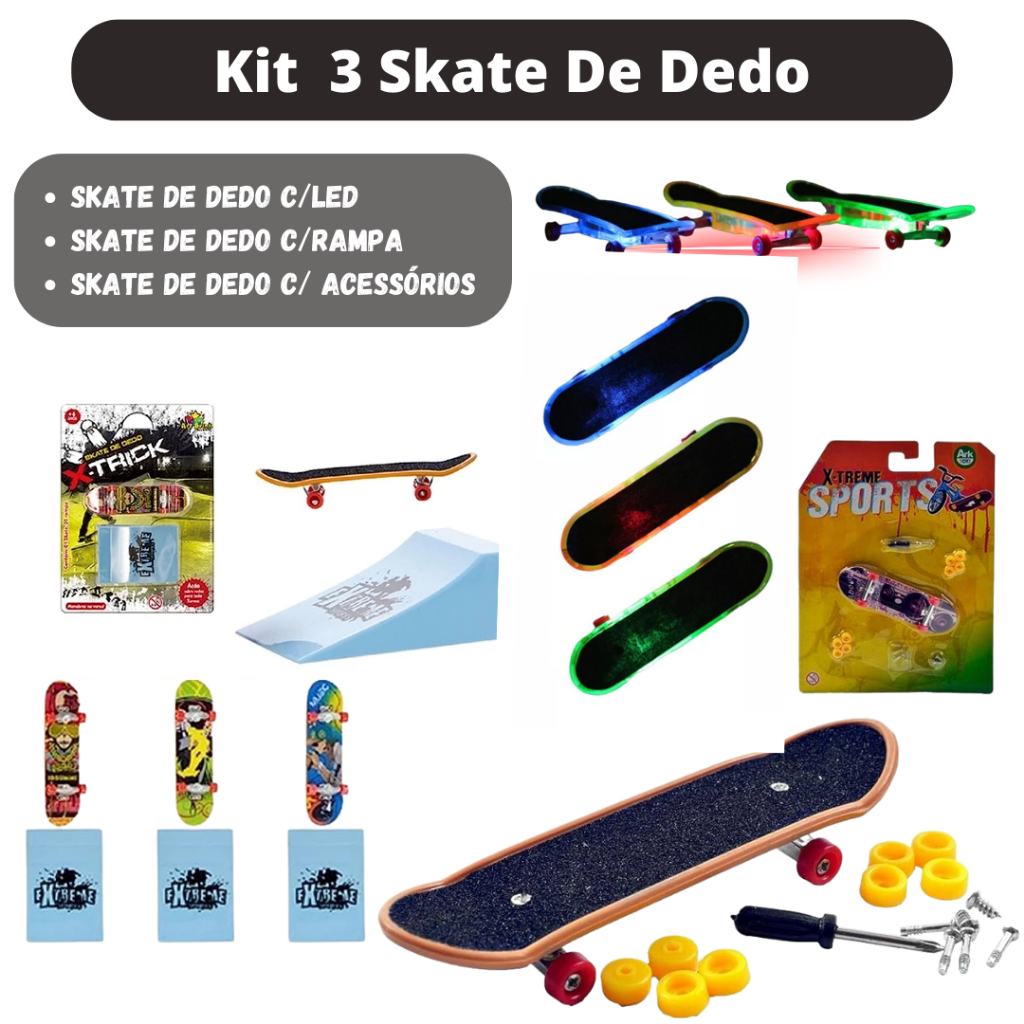 Kit 3 Skate de Dedo LED Rampa Acessórios Manipular Dedos Manobrás ...
