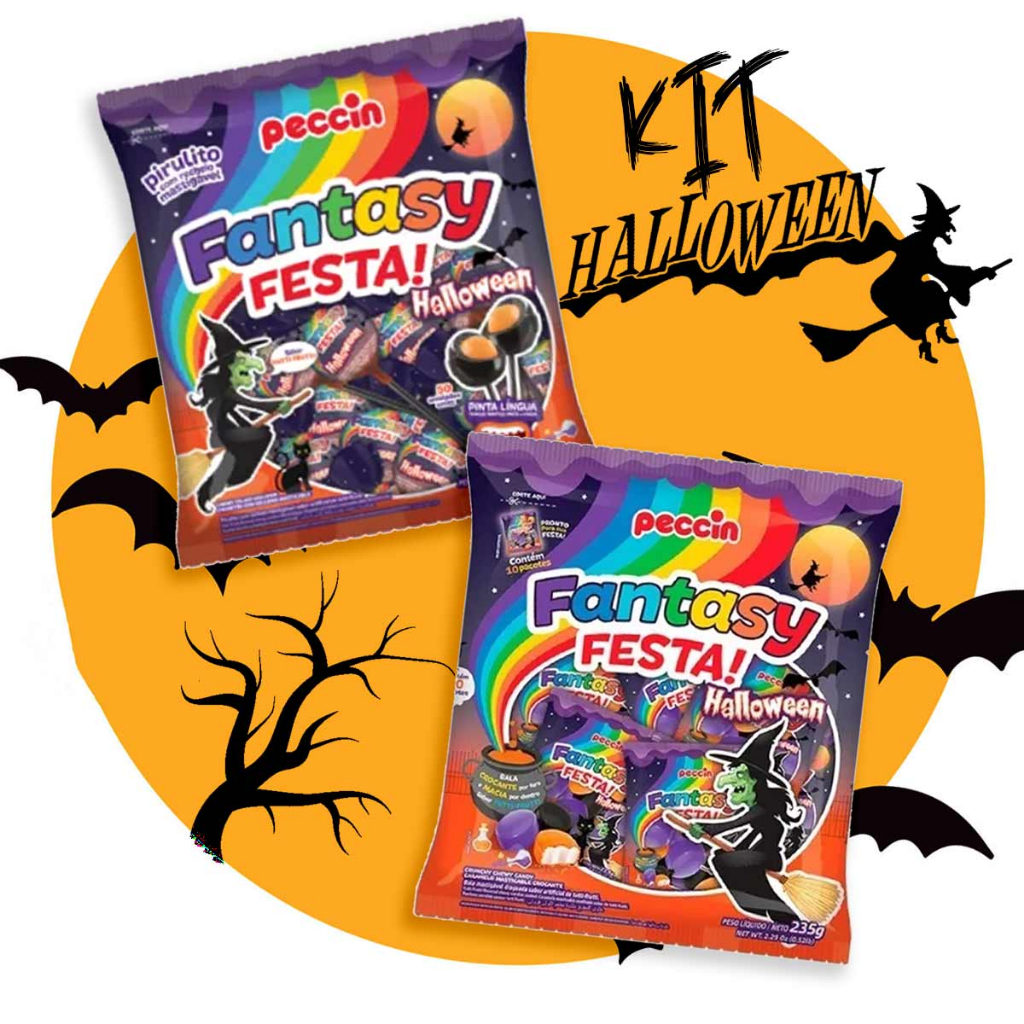 Kit doces Halloween Bala Fantasy Festa 235g Peccin + Pirulito com ...