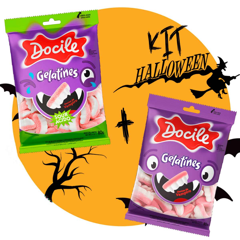 Kit doces Halloween Bala Gelatines Dentes de Vampiro Cítricos 80g ...