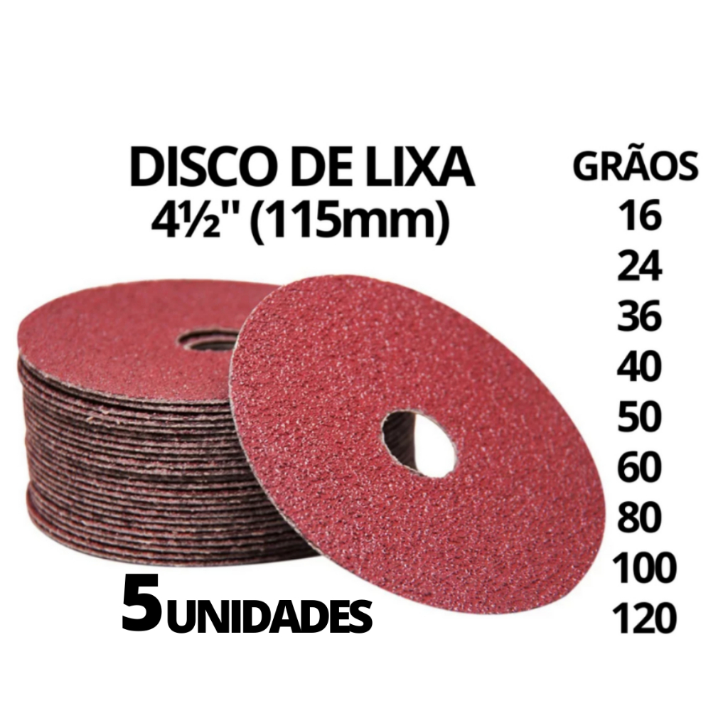 5 Disco De Lixa 115mm 4.1/2" Lixar Ferro Madeira Aço Usar na ...