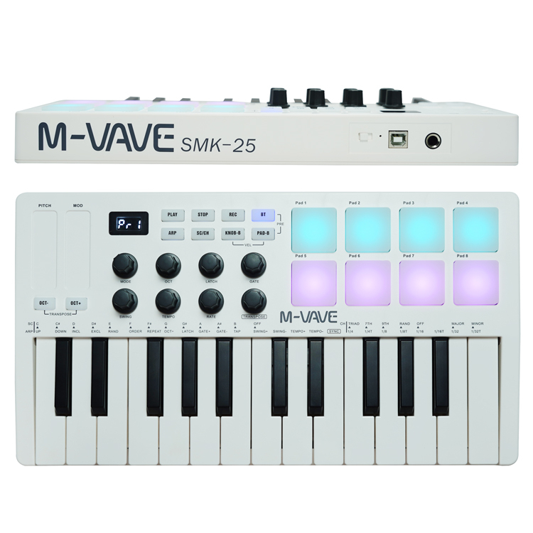M Vave Portátil Mini 25 Key Usb Midi Teclado Controlador Com 8 Backlit Drum Pads 8 Botões 8 Rgb