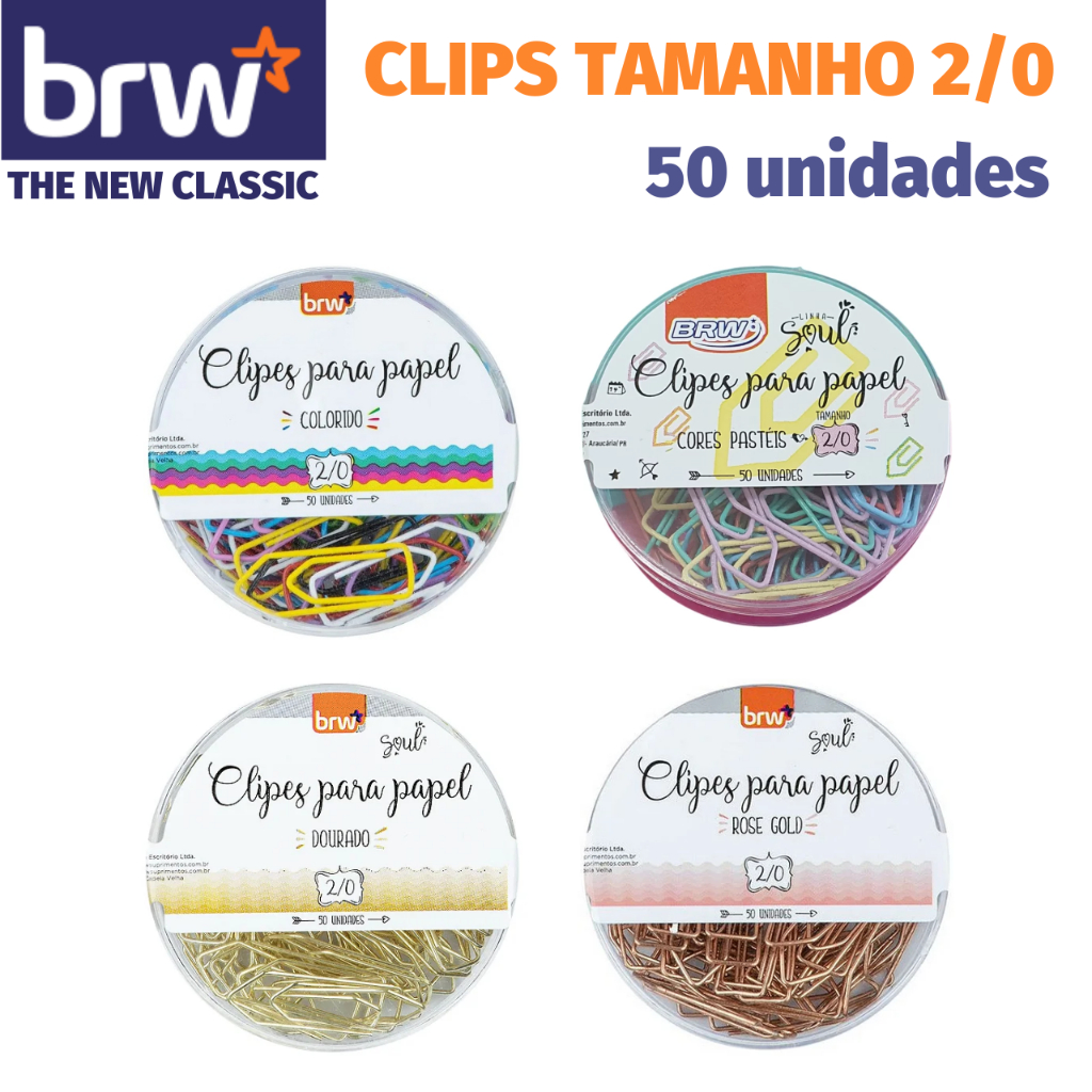 Clips para Papel Colorido BRW - 50 unidades (Tradicional, Tom Pastel, Rose, Gold) | Shopee Brasil
