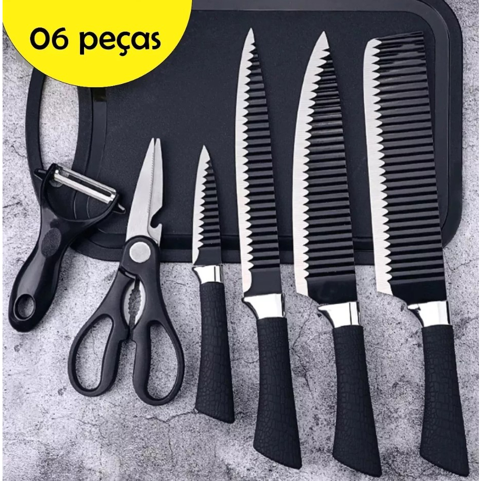 Kit 6 Peças Conjunto de Faca Carne Churrasco Cutelo Legumes Aço Carbono ...