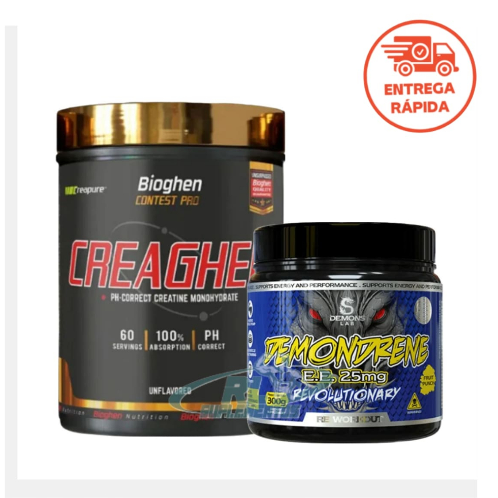 KIT/COMBO SUPLEMENTO CREATINA CREAGHEN PURA 300G BIOGHEN + PRÉ TREINO ...