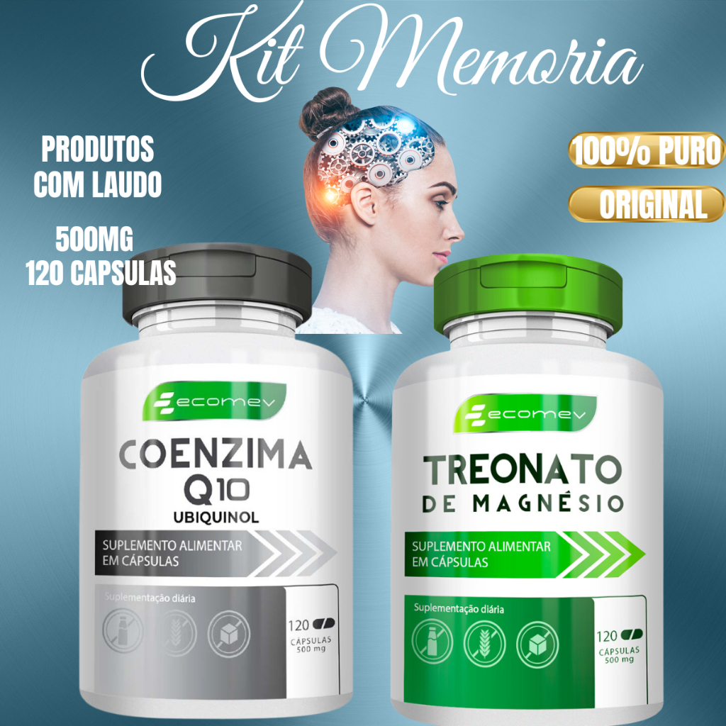 Kit Memoria Magnesio L Treonato + Coenzima Q10 Ubiquinol Puro 500mg 240Cáps Ecomev | Shopee Brasil