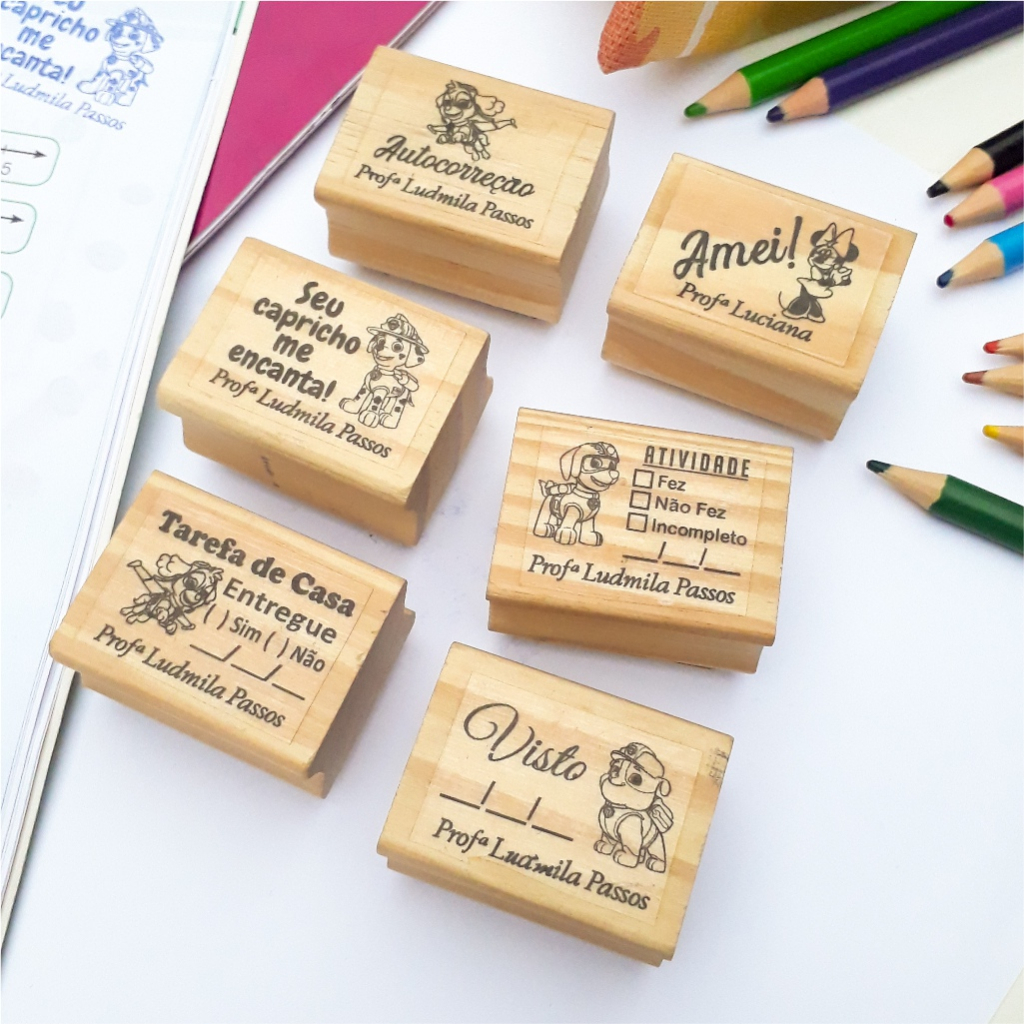 Kit 6 Carimbos Artesanais Pedagógicos Personalizados madeira 3cm x 4cm ...