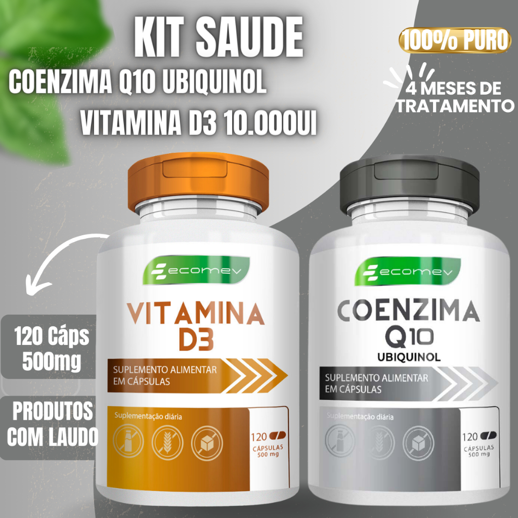 Kit Coenzima Q10 Ubiquinol Puro Vitamina D3 10.000UI Puro Concentrado 500mg 240Cáps Ecomev ...