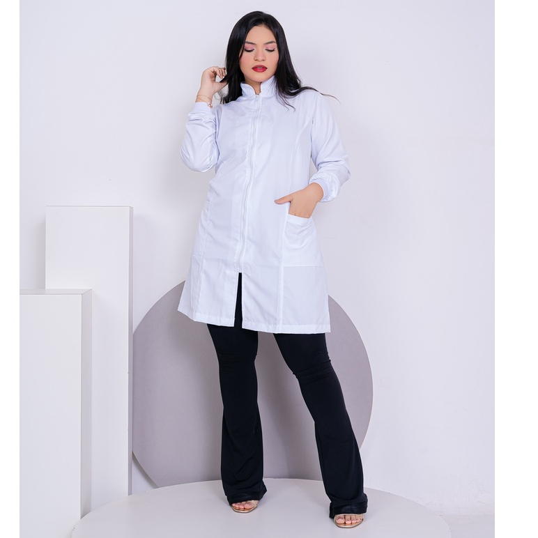 Jaleco Acinturado de ziper Gabardine branco | Shopee Brasil