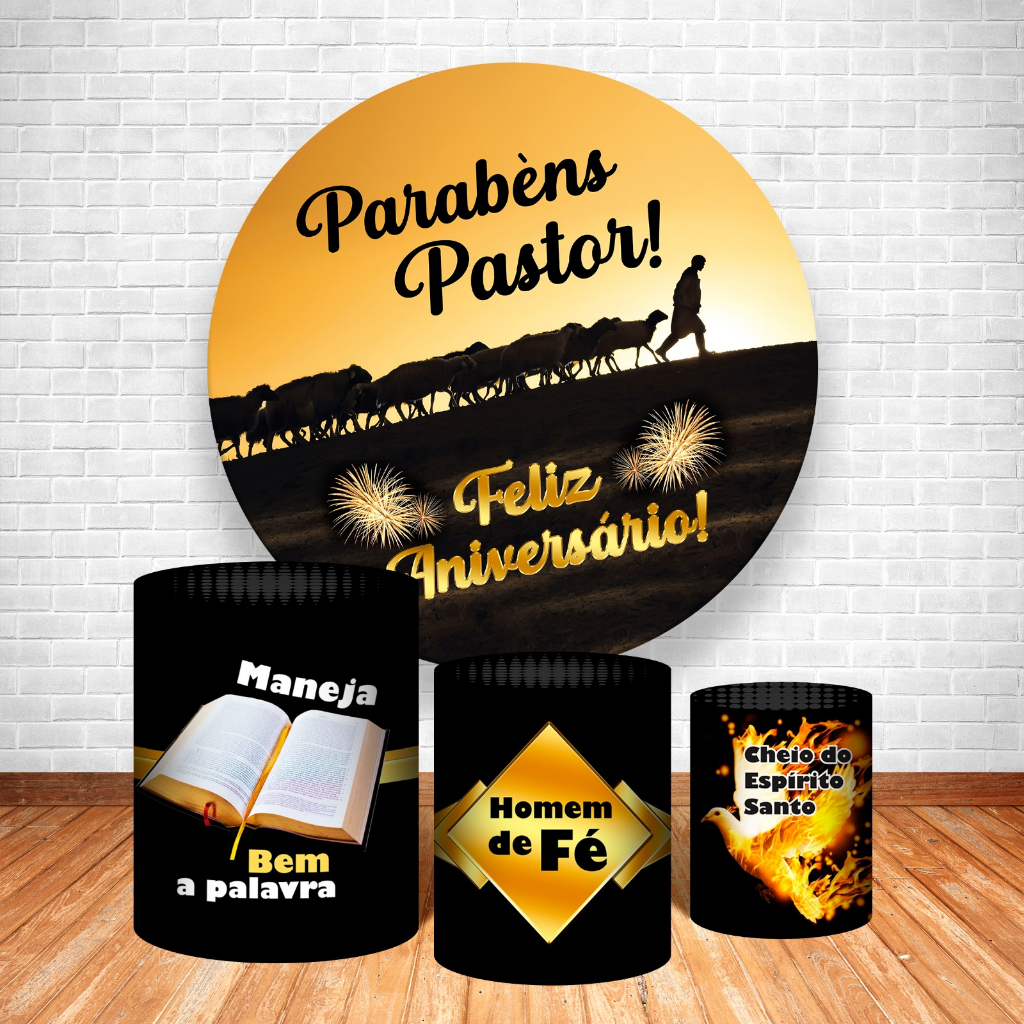 Painel Redondo Parabéns Pastor Em Tecido Sublimado 1,50D C/Elástico e Capas de Cilindros P M G ...