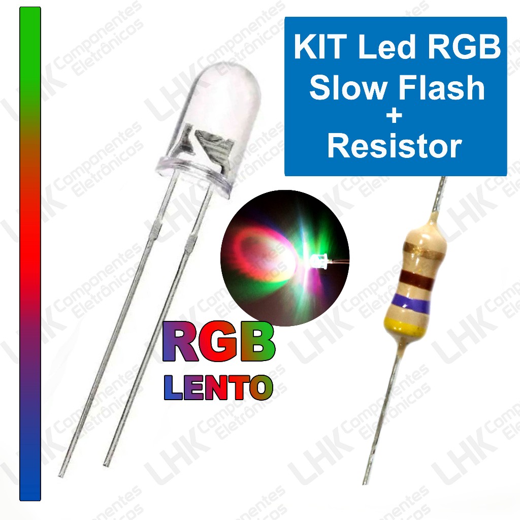 Kit led diodo 5mm RGB lento Slow Flash com resistor para 5V 9V ou 12V ...