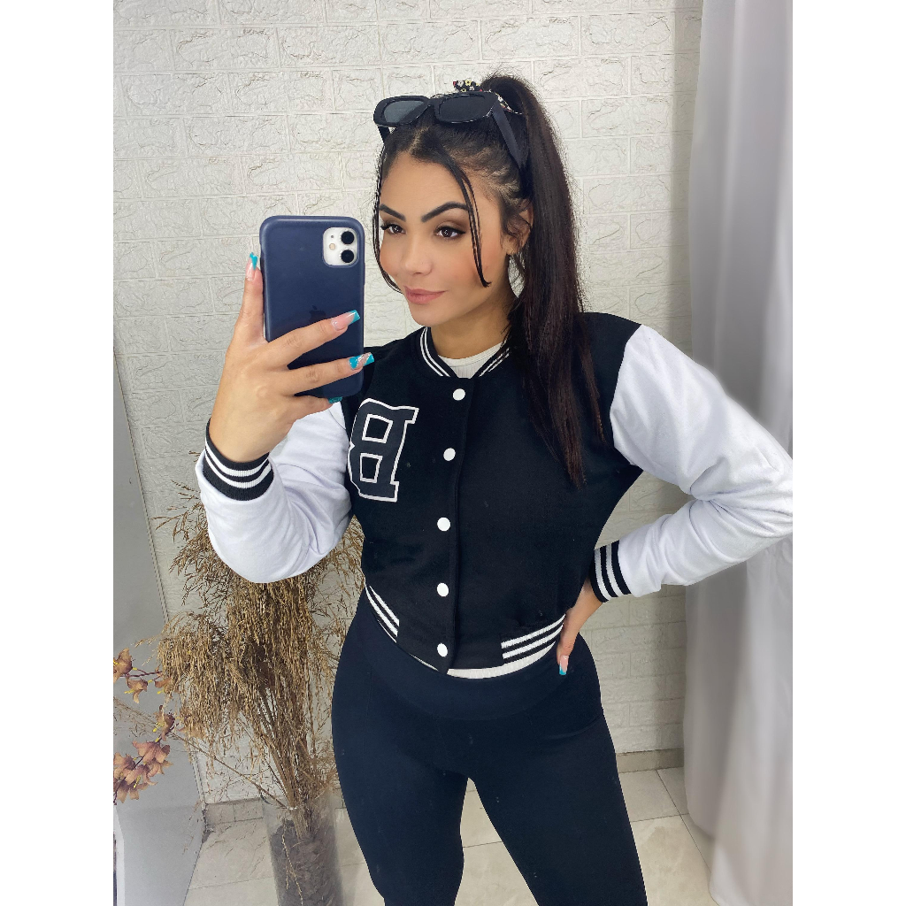 Jaqueta Bomber Moletom Feminina Manga Couro cinza mescla | Shopee Brasil