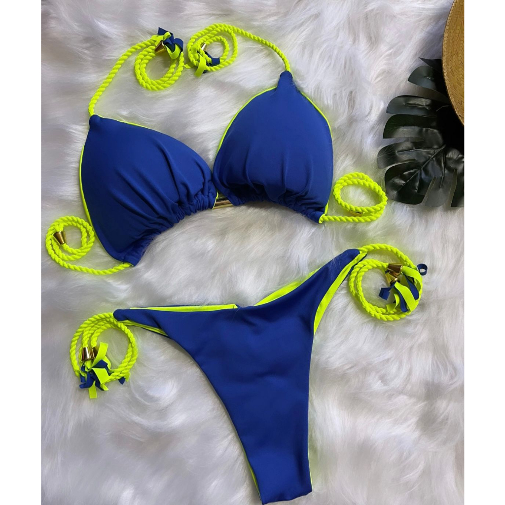 Conjunto De Biquini Cortininha Com Bojo Azul Royale Calcinha Empina